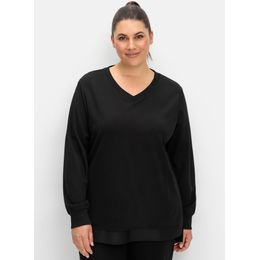 Sweatshirt sheego, Damen, Gr. 40/42, schwarz, 70% Viskose, 26% Polyamid, 4% Elasthan, unifarben, V-Ausschnitt, Sweatshirts Sweatshirt