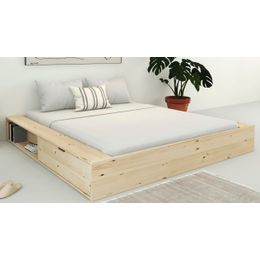 Massivholzbett OTTO HOME "Erno, OTTOs Choice, TOPSELLER, Stauraumbett Futonbett, 275KG belastbar", beige (naturbelassen), B:223,5cm H:30,5cm L:204cm, Betten, Massivholzbett, mit Lattenrost, FSC zertifiziert, viel Stauraum + Ablagen