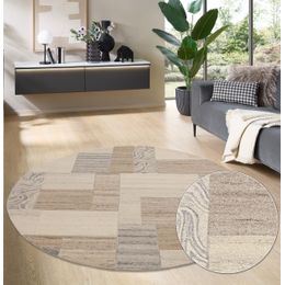 Wollteppich Theko "Lola, Wolle, handgearbeitet, Patchwork Design" Gr. 10, beige (natur), H:12mm &Oslash;:190cm, Wolle, Teppiche, handgetuftet, Wohnzimmer, Schlafzimmer, Esszimmer