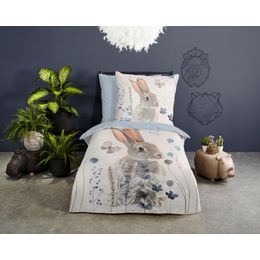 Kinderbettw&auml;sche Good Morning "Ravi", blau, B/L: 135cm x 200cm, 1 Stk., 1 Stk., Renforc&eacute;, B/L: 80cm x 80cm, 2 Stk., Renforc&eacute;, Obermaterial: 100% Baumwolle, Bettw&auml;sche, 100% Baumwolle, 135x200, Rei&szlig;verschluss, Wendeoptik, Kind, Kaninchen