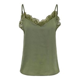 Spaghettitop Only "ONLELLEY FR LACE SINGLET CS PTM", Damen, Gr. M (38), gr&uuml;n (kalamata), Jersey, Obermaterial: 98% Polyester, 2% Elasthan, unifarben, slim fit, V-Ausschnitt, Tops