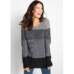 Strickpullover bonprix, Damen, Gr. 40/42 (M), grau (anthrazit meliert gestreift), Strick, Obermaterial: 50% Baumwolle, 50% Polyacryl, gestreift, mehrfarbig, meliert, eng normal, Rundhals, Rippb&uuml;ndchen, Pullover Strickpullover