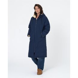 Wintermantel FRESHLIONS "Emilia", Damen, Gr. S, blau (dunkelblau), 100% Polyester, unifarben, lang, Mäntel Wintermantel, mit großer, verstellbarer Kapuze