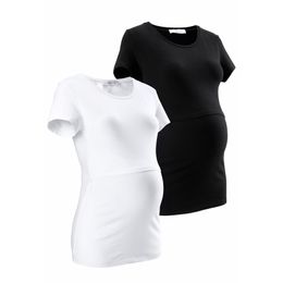 Umstandsshirt Neun Monate "2er Pack T-Shirts für Schwangerschaft und Stillzeit", Damen, Gr. 40/42, schwarz (schwarz, weiß), Jersey, Obermaterial: 95% Baumwolle, 5% Elasthan, unifarben, Basic, figurbetont hüftlang, Rundhals, abgesteppte Kante, Shirts Umstandsshirt, kurzärmelig, figurbetonte Passform, unifarben, Rundhalsausschnitt
