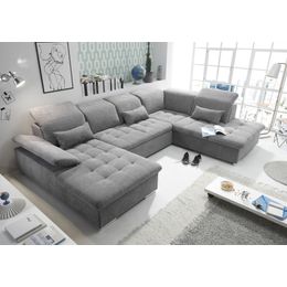 Wohnlandschaft ED EXCITING DESIGN "Wayne U-Form mit Bettfunktion, Bettkasten", grau (dunkelgrau, uran 03 dunkelgrau), B:340cm H:104cm T:240cm, 95% Polyester, 5% Nylon, Sofas, Wohnlandschaft, Arm- und Kopfteilverstellung & 3 Nierenkissen