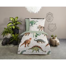 Kinderbettw&auml;sche "Jura", gr&uuml;n, B/L: 135cm x 200cm, 1 Stk., 1 Stk., Microfaser, B/L: 80cm x 80cm, 2 Stk., Microfaser, Obermaterial: 100% Polyester, PURE LUXURY COLLECTION, Bettw&auml;sche, Mikrofaser, 135x200, 2 Teilig, Wendeoptik, Kind, Junge, Dino