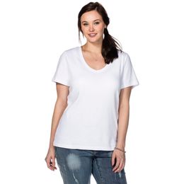 T-Shirt sheego "T-Shirt", Damen, Gr. 44/46, weiß, 100% Baumwolle, unifarben, V-Ausschnitt, Shirts T-Shirt