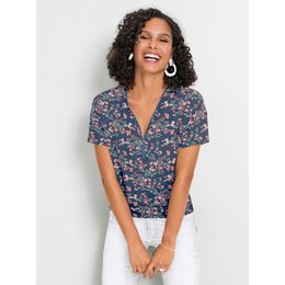 Kurzarmshirt Inspirationen "Shirt", Damen, Gr. 42, jeansblau, hellros&eacute;, gemustert, 50% Baumwolle, 50% Modal, gebl&uuml;mt, gemustert, V-Ausschnitt, Shirts