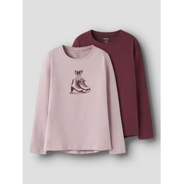 Langarmshirt name it "NKFVIX 2P LS TOP", Mädchen, Gr. 122/128, keepsake lila pack:burgundy snowflake, Jersey, Obermaterial: 95% Baumwolle, 5% Elasthan, bedruckt, normal normal, Rundhals, Shirts Langarmshirt