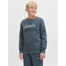 Jack & Jones Sweatshirt JACK & JONES JUNIOR "JJELOGO SWEAT CREW 2 COL AW25 NOOS JNR", Jungen, Gr. 140, grau (stormy weather), angeraute Sweatware, Obermaterial: 70% Baumwolle, 30% Polyester, bedruckt, regular fit normal, Rundhals, Rippb&uuml;ndchen, Sweatshirts Sweatshirt