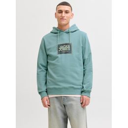 Jack & Jones Kapuzensweatshirt JACK & JONES "JJRAIN SWEAT HOOD UNB", Damen, Gr. S, mineral blau, Sweatware, Obermaterial: 100% Baumwolle, bedruckt, regular fit h&uuml;ftlang, Rundhals, Rippb&uuml;ndchen, Sweatshirts