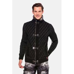 Cipo & Baxx Strickpullover CIPO & BAXX "Pullover", Herren, Gr. M, grau (anthrazit), 100% Polyacryl, gestreift, Basic, regular fit, Strickb&uuml;ndchen, Pullover Strickpullover, mit Verschlussschnalle, CP213