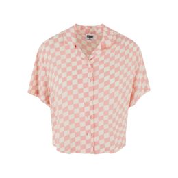 T-Shirt Urban Classics "Urban Classics Damen Ladies Resort Shirt", Damen, Gr. S, lemonadepinkcheck, 100% Viskose, gebl&uuml;mt, loose fit, amerikanischer Ausschnitt, Shirts T-Shirt