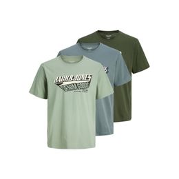 Jack & Jones PlusSize T-Shirt "JJELOGO TEE SS 2 COL AW25 3PK MP PLS", Herren, Gr. 3XL, duffel bag pack:stormy weather, iceberg gr&uuml;n, Jersey, Obermaterial: 100% Baumwolle, JACK & JONES PLUSSIZE, bedruckt, regular fit normal, Rundhals, Shirts T-Shirt
