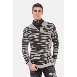Cipo & Baxx Stehkragenpullover CIPO & BAXX "Pullover", Herren, Gr. S, grau (grau, anthrazit), 50% Baumwolle, 50% Polyacryl, gestreift, regular fit, ohne Ausschnitt, Pullover Stehkragenpullover, mit Schnallenverschluss, CP245
