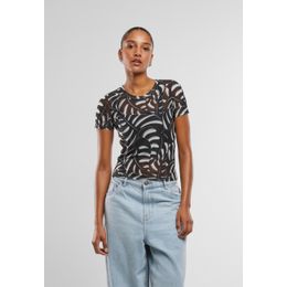T-Shirt Urban Classics "Urban Classics Damen Ladies AOP Mesh Tee", Damen, Gr. L, schwarzleaf, 95% Polyester, 5% Elasthan, bedruckt, skinny fit, Rundhals, Shirts T-Shirt