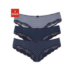Slip Lascana, Damen, Gr. 32/34, blau (marine, gepunktet, gestreift, uni), Obermaterial: 95% Baumwolle, 5% Elasthan. Spitze: 87% Polyamid, 13% Elasthan, gepunktet, gestreift, unifarben, Unterhosen Slip, aus elastischer Baumwolle mit zarter Spitze, Topseller