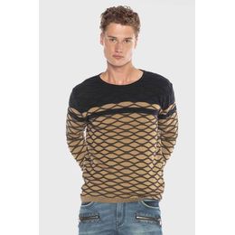 Cipo & Baxx Rundhalspullover CIPO & BAXX "Pullover", Damen, Gr. M, beige (camel), 50% Baumwolle, 50% Polyacryl, bedruckt, regular fit, Rundhals, Pullover Rundhalspullover, mit modernem Muster