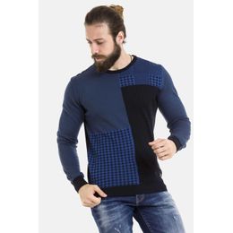 Cipo & Baxx Rundhalspullover CIPO & BAXX "Pullover", Herren, Gr. L, blau (navyblau), 50% Baumwolle, 50% Polyacryl, kariert, regular fit, Rundhals, Pullover Rundhalspullover, im modernen Look, CP263