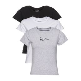 T-Shirt Karl Kani "Karl Kani Damen Small Signature 3-Pack Essential Tight Tee", Damen, Gr. XS, wei&szlig;, schwarz, grau, 63% Baumwolle, 31% Polyester, 6% Elasthan, bedruckt, normal, Rundhals, Shirts T-Shirt