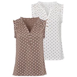 R&uuml;schentop Lascana "mit kurzer Knopfleiste", Damen, Gr. 32/34, braun (wei&szlig;, gepunktet, taupe, gepunktet), Obermaterial: 65% Polyester (REPREVE), 35% Viskose, gepunktet, V-Ausschnitt, Tops R&uuml;schentop, aus pflegeleichter Qualit&auml;t