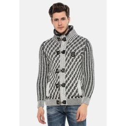 Cipo & Baxx Strickpullover CIPO & BAXX "Pullover", Herren, Gr. M, grau, 100% Polyacryl, gestreift, Basic, regular fit, Strickb&uuml;ndchen, Pullover Strickpullover, mit Verschlussschnalle, CP213
