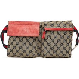 Gucci Bauchtaschen - GG Canvas Web Double Pocket Belt Bag - Gr. ONE SIZE - in Braun - f&uuml;r Damen