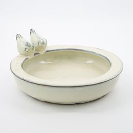 Esschert Design Cremefarbene Vogeltr&auml;nke aus Keramik mit V&ouml;gelchen 10,5x26cm