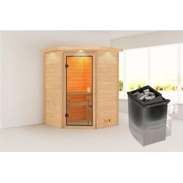 Karibu Sauna ""Anni" mit bronzierter T&uuml;r und Kranz SET, naturbelassen, mit Ofen 9 kW", Saunaofen, integrierte Steuerung, 400 kW, beige, Saunen, aus