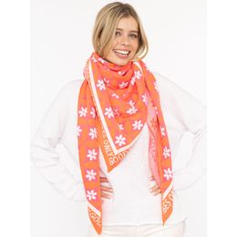 Zwillingsherz Damen Dreieckstuch ""Luxury Vibes"", orange, Strick, Baumwollmischung, Modet&uuml;cher, Feinstrick, Blumenmotiv, Statement, w&auml;rmend
