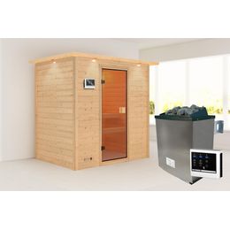 Karibu Sauna ""Sunie" mit bronzierter Tür und Kranz, naturbelassen, mit Ofen 9 kW", Saunaofen, externe Steuerung, 400 kW, beige, Saunen, aus