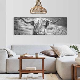 Wandbild Reinders, B:156cm H:52cm T:3cm, schwarz, MDF, Wohnzimmer, Bilder, "Highlander Bulle"