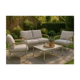 Aluminium-Gartengarnitur MCW-O11, Outdoor 2-Sitzer Sitzbank Sessel Sofa, Olefin (205 g/m&sup2;) ~ hellgr&uuml;n Polster beige