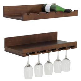 2er-Set Weinregal MCW-P22, Glas-/Flaschenhalter Wandbar f&uuml;r 6 Flaschen/15 Gl&auml;ser Holz MVG-zertifiziert 61x28cm ~ braun