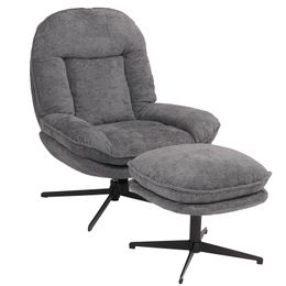 Relaxsessel mit Hocker MCW-P32, Fernsehsessel Nosagfederung, drehbar Metall Stoff/Textil Chenille (370 g/m&sup2;) ~ grau