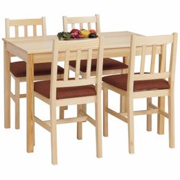Esszimmer-Set MCW-F77, Sitzgruppe Esszimmergruppe, Massiv-Holz Kiefer Stoff Landhaus 110cm ~ natur Polster terrakotta