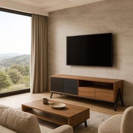 TV-Rack MCW-O40, Lowboard TV-Schrank 2 Schubladen T&uuml;ren Stauf&auml;cher, MDF Metall Melamin 48x155x40cm ~ natur