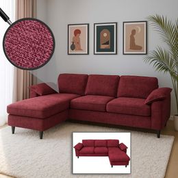Sofa-Garnitur MCW-O71, Couch Ecksofa L-Form, Liegefl&auml;che links/rechts, Stoff (320 g/m&sup2;) Holz 84x229x140cm ~ bordeaux