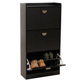 Schuhschrank MCW-O39, Schuhkipper Schuhregal 3 Klappen Klappf&auml;cher MDF Melamin Metall 117x60x24cm ~ Holzoptik schwarz
