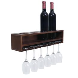 Weinregal MCW-P21, Glas-/Flaschenhalter Wandbar Regal f&uuml;r 4 Flaschen/6 Gl&auml;ser Holz MVG-zertifiziert 12x48x12cm ~ braun