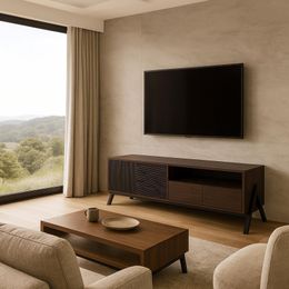 TV-Rack MCW-O40, Lowboard TV-Schrank 2 Schubladen T&uuml;ren Stauf&auml;cher, MDF Metall Melamin 48x155x40cm ~ Walnuss-Optik
