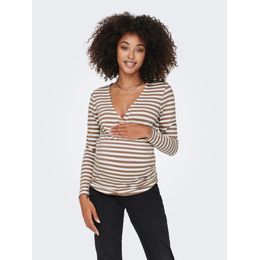 Umstandsshirt Only Maternity "OLMJOY L/S WRAP TOP JRS", Damen, Gr. S, beaver fur stripes:cloud dancer, Jersey, Obermaterial: 95% Baumwolle, 5% Elasthan, gestreift, figurbetont normal, V-Ausschnitt, Shirts Umstandsshirt