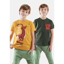 DENOKIDS Jungen T-Shirt "Skater", gr&uuml;n, Gr. 104, bedruckt, 94% Baumwolle, 6% Elasthan, Shirts, im Doppelpack