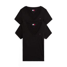 Tommy Jeans Damen T-Shirt "TJW 2PACK V-NECK TEE", schwarz, Gr. L, unifarben, Jersey, Obermaterial: 100% Baumwolle, Shirts, mit Logostickerei