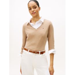 Tommy Hilfiger Damen Strickpullover "SOFT WOOL V-NK SWEATER"safari canvas heather, Gr. XS, unifarben, Strick, Obermaterial: 100% Wolle, Pullover, aus