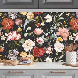 Bilderwelten Küchenrückwand selbstklebend schwarz originell modern Aquarell - Blumen Aquarell Vintage Muster auf Schwarz - Rose Spritzschutz nach Maß