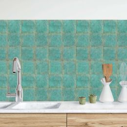 Bilderwelten K&uuml;chenr&uuml;ckwand selbstklebend t&uuml;rkis Shabby Fliesenoptik - Quadratische Fliesen in T&uuml;rkis - Wandfolie Spritzschutz nach Ma&szlig;