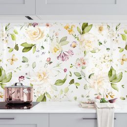 Bilderwelten K&uuml;chenr&uuml;ckwand Wildblumen und Wei&szlig;e Rosen Aquarell Muster