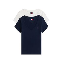 Tommy Jeans Damen T-Shirt "TJW 2PACK V-NECK TEE", blau, Gr. M, unifarben, Jersey, Obermaterial: 100% Baumwolle, Shirts, mit Logostickerei