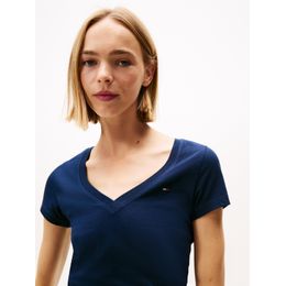 Tommy Jeans Damen T-Shirt "TJW 2PACK V-NECK TEE", blau, Gr. M, unifarben, Jersey, Obermaterial: 100% Baumwolle, Shirts, mit Logostickerei